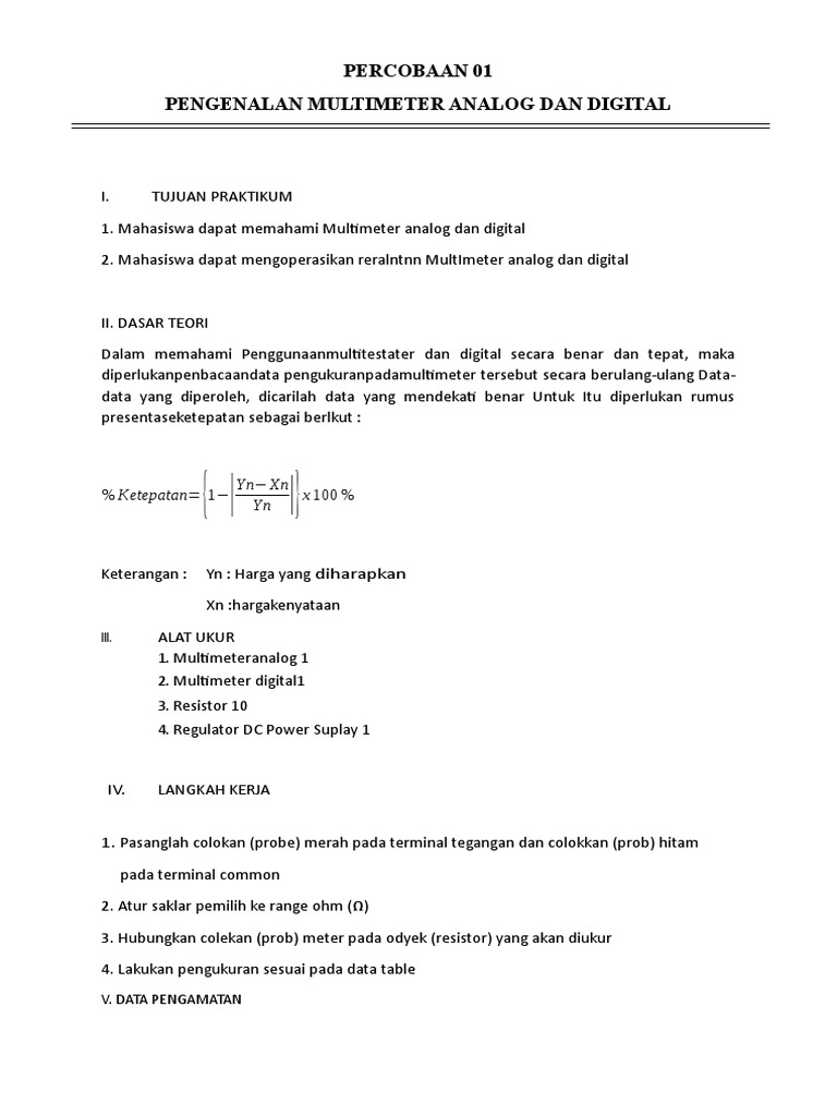 Percobaan 01 Pengenalan Multimeter Analog Dan Digital: Yn XN Yn X 100 % ...