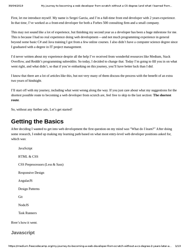 My Journey To Becoming A Web Developer From Scratch | PDF | Angular Js | Java Script