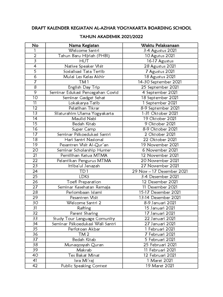 Draft Kalender Kegiatan Al-Azhar | PDF