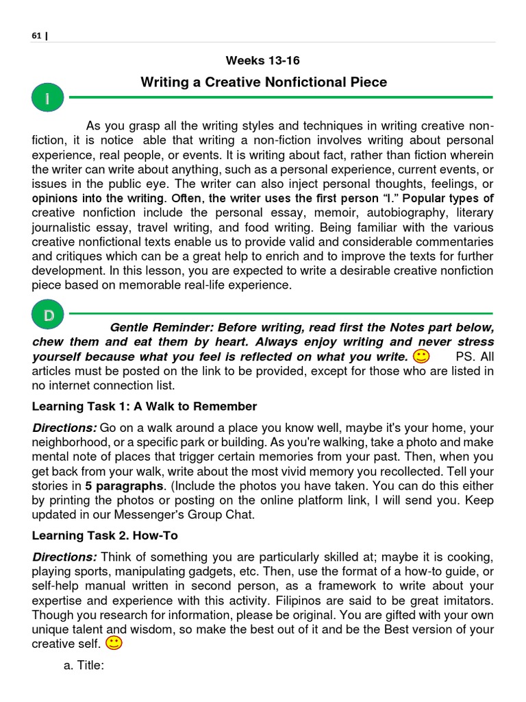 Creative Non Fiction Weeks 13 16 | PDF | Creative Nonfiction | Writers