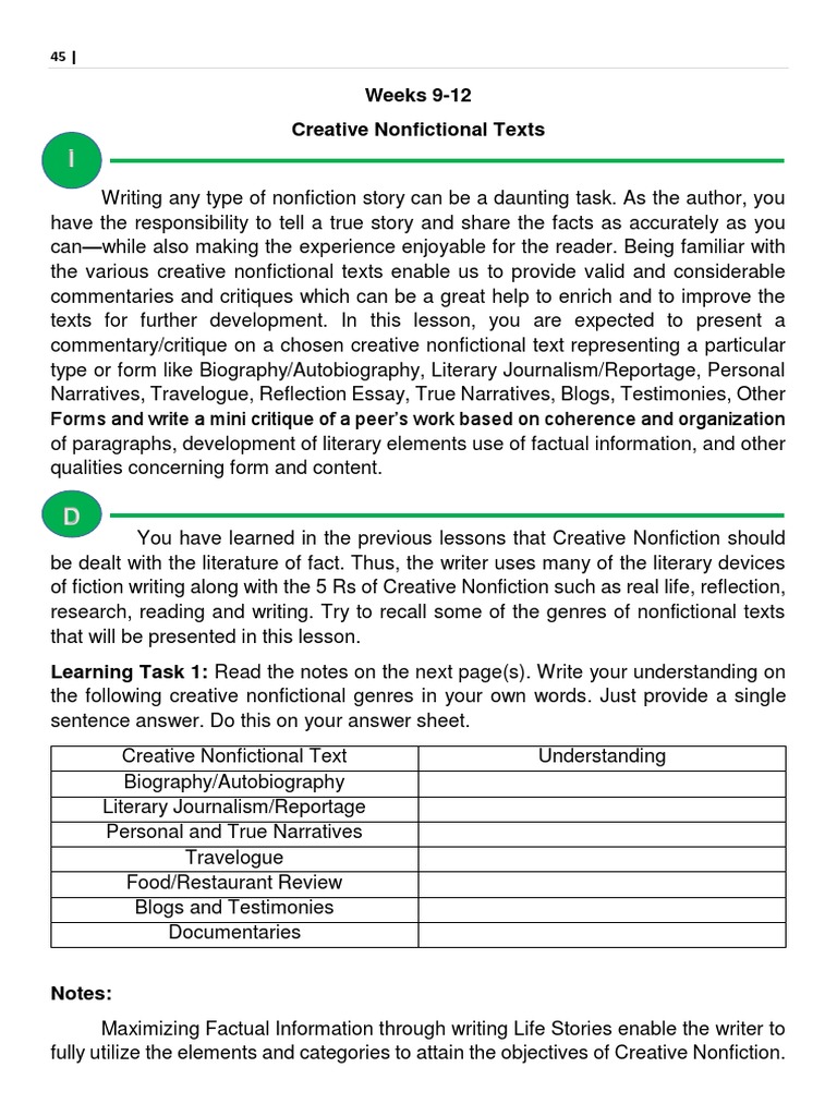 Creative Non Fiction Weeks Weeks 9 12 | PDF | Creative Nonfiction ...