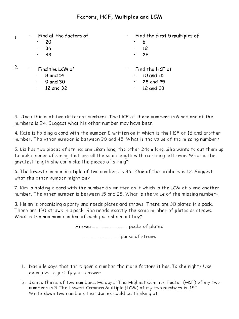 Factors, HCF, Multiples and LCM | PDF