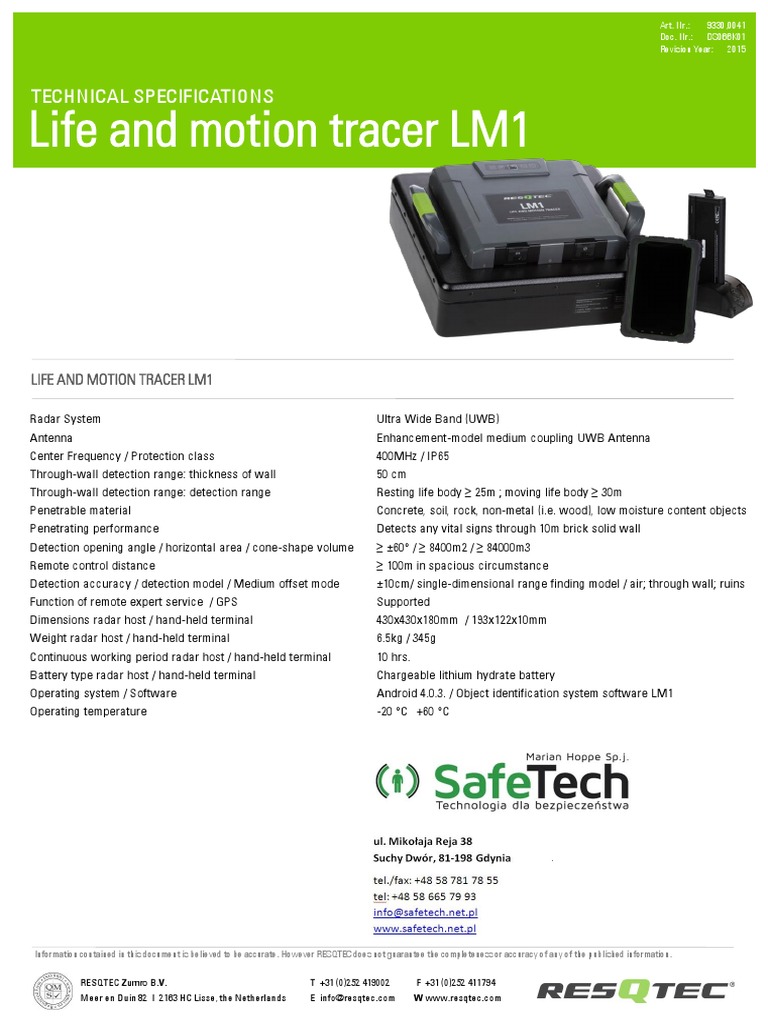 Life and Motion Tracer LM1: Technical Specifications | PDF | Radar ...