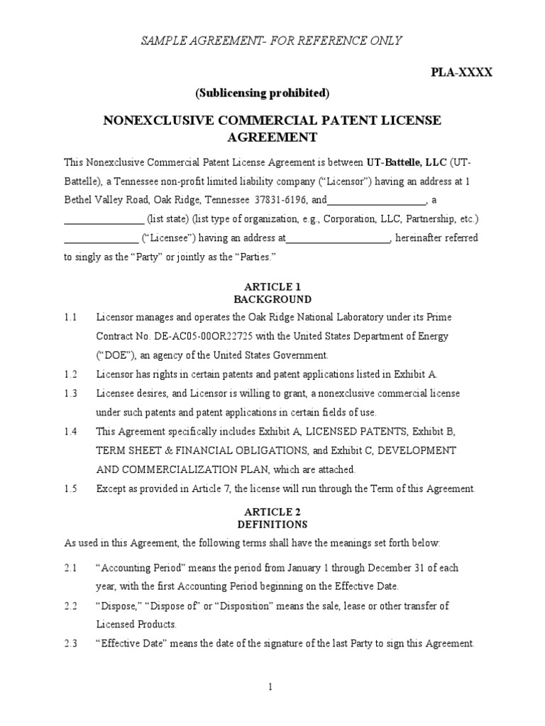 Sample Nonexclusive Commercial Patent License Agreement | PDF | License ...