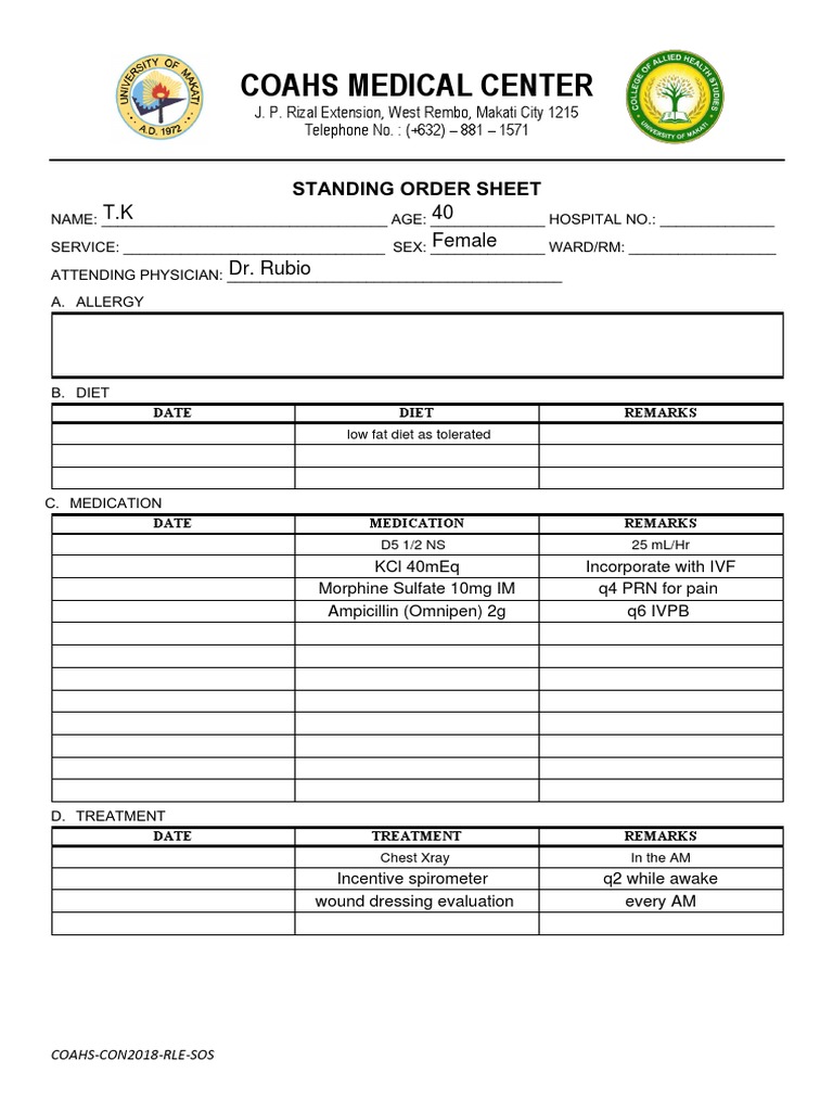 Medical Standing Order Sheet Template | PDF