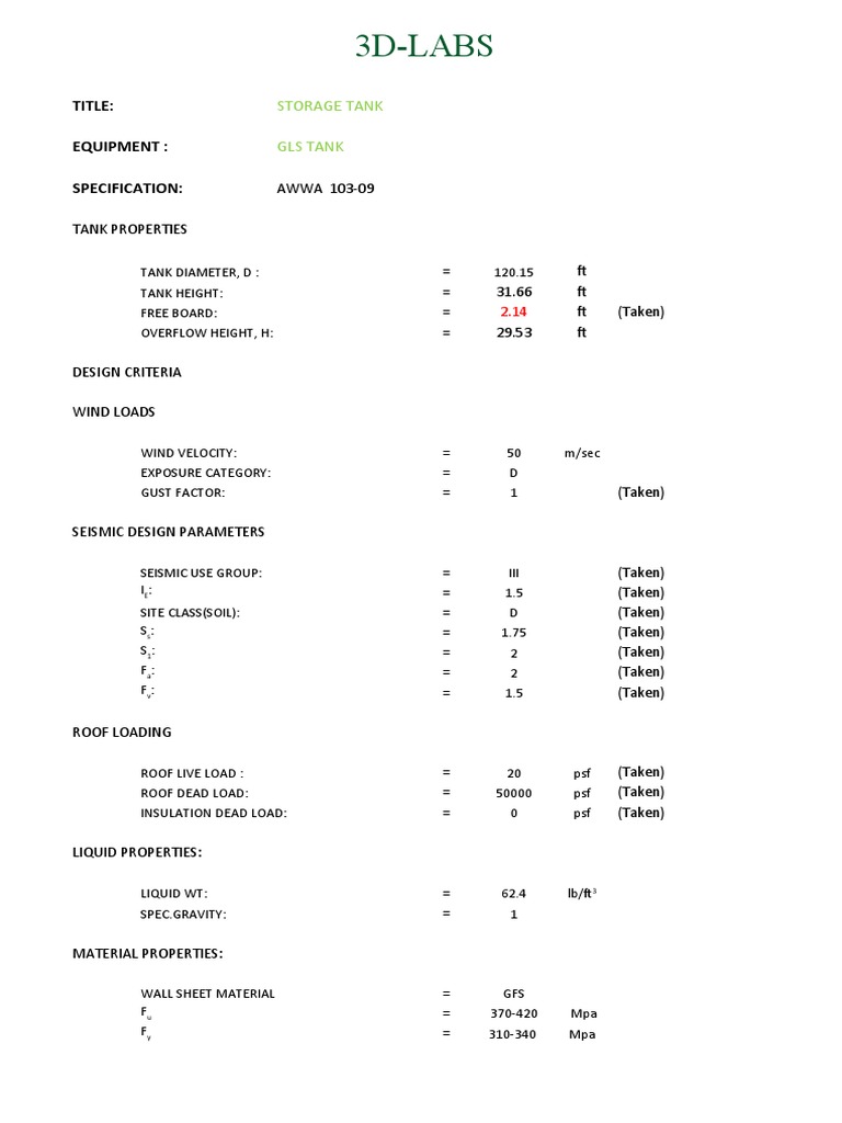 GLS Tank - Awwa D103 | PDF | Stress (Mechanics) | Screw