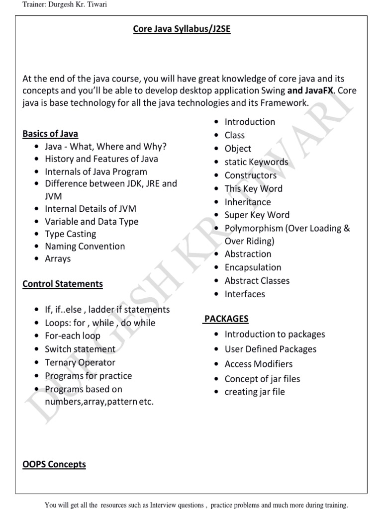 Basics of Java: Core Java Syllabus/J2SE | PDF | Java (Programming ...