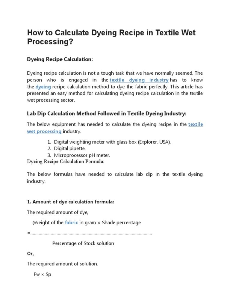 How To Calculate Dyeing Recipe in Textile Wet Processing | PDF ...