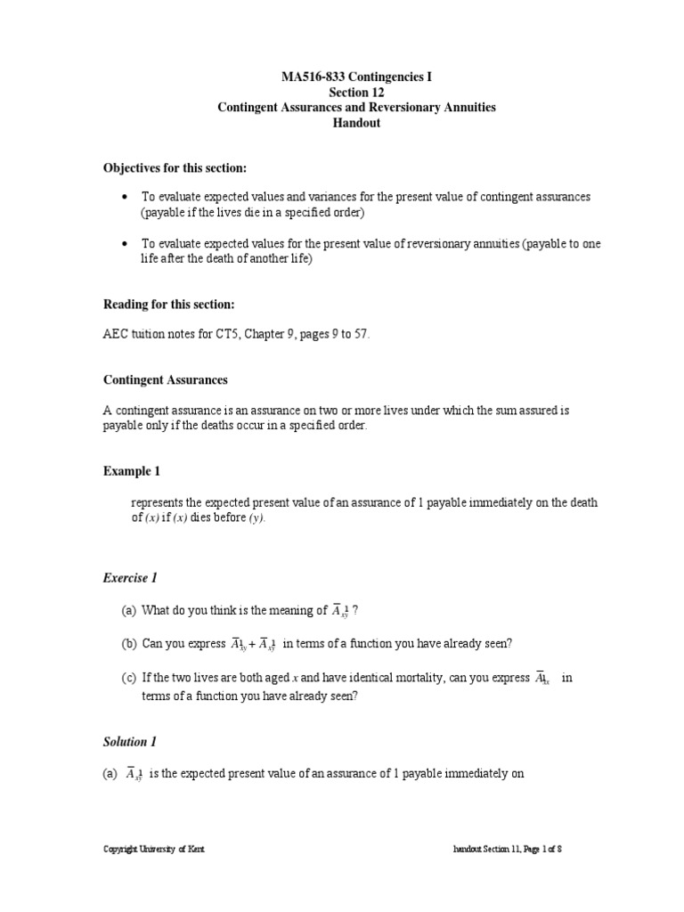 MA516-833 Contingencies I Section 12 Contingent Assurances and ...