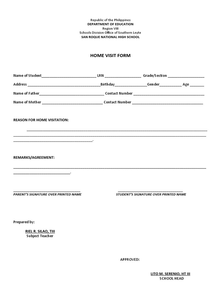 Home Visit Form: Department of Education | PDF