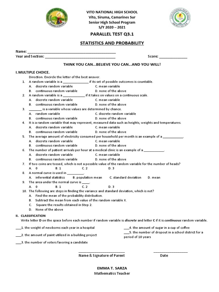 Parallel Test Q3.1 Statistics and Probability: Think You Can Believe ...