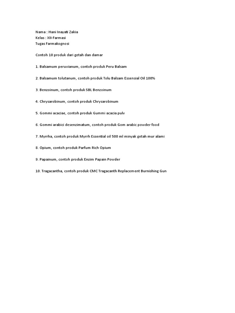 Tugas 10 Produk Dari Getah Dan Damar (Hani Xii-Farmasi) | PDF