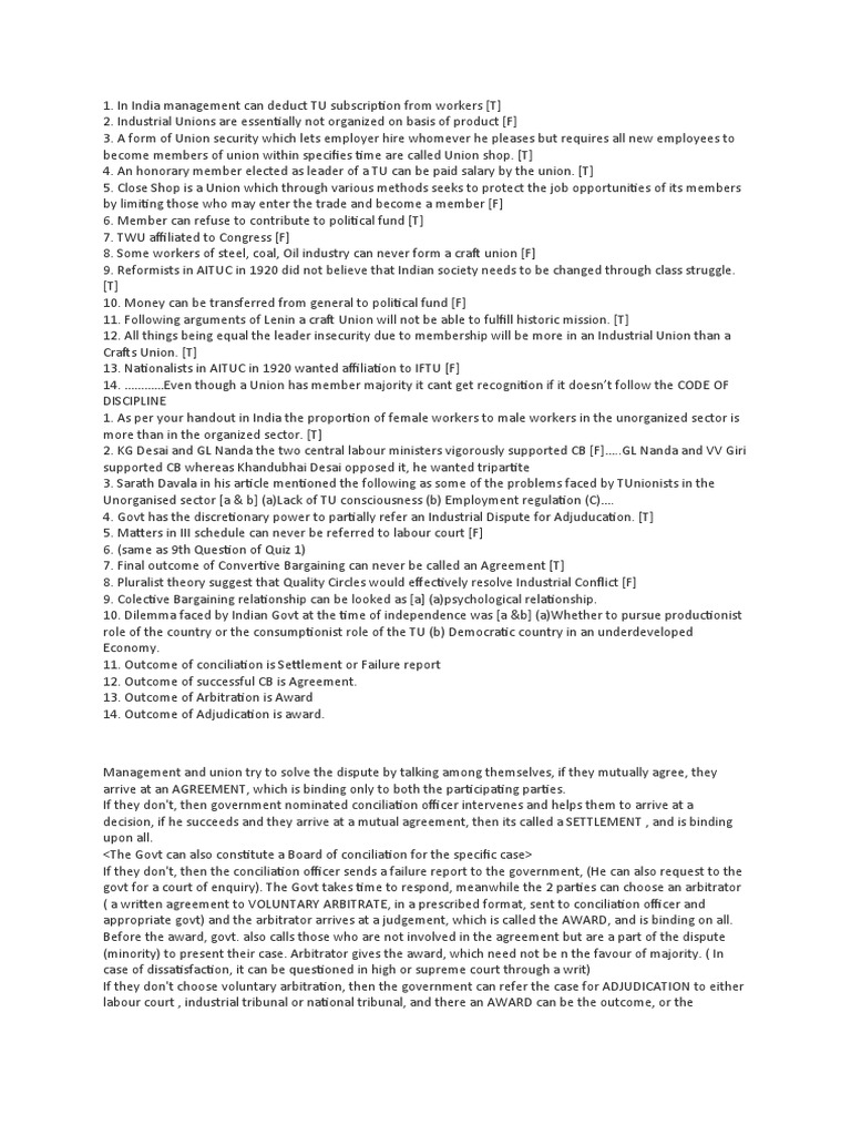 IR Question Bank (Quiz Questions) | PDF | Arbitration | Trade Union