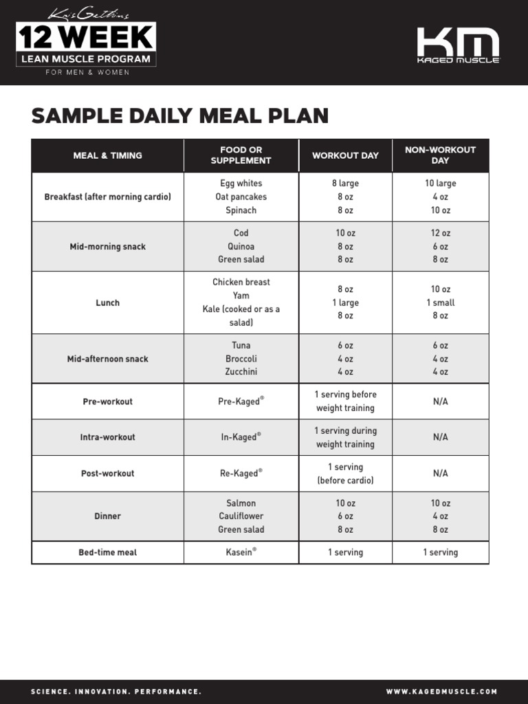 Sample Daily Meal Plan: Meal & Timing Food or Supplement Workout Day ...