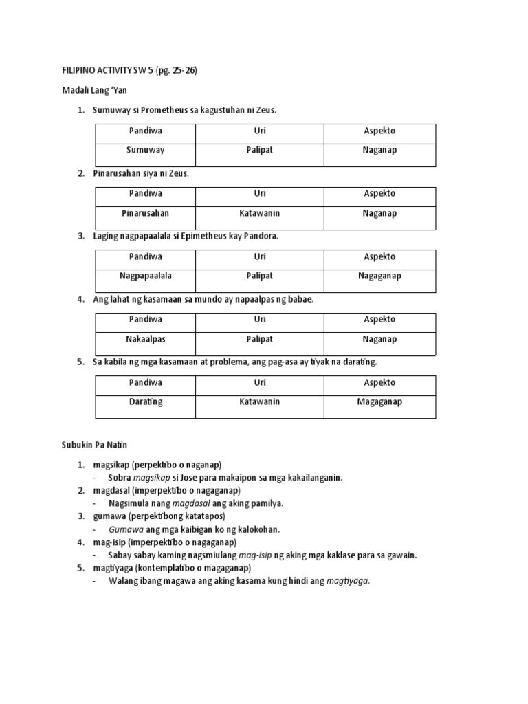 FILIPINO ACTIVITY SW 5 (Pg. 25-26) Linggo | PDF
