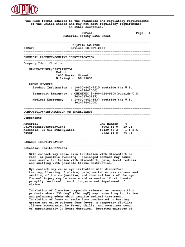 MSDS LW 1200 | PDF | Fluoride | Waste Management