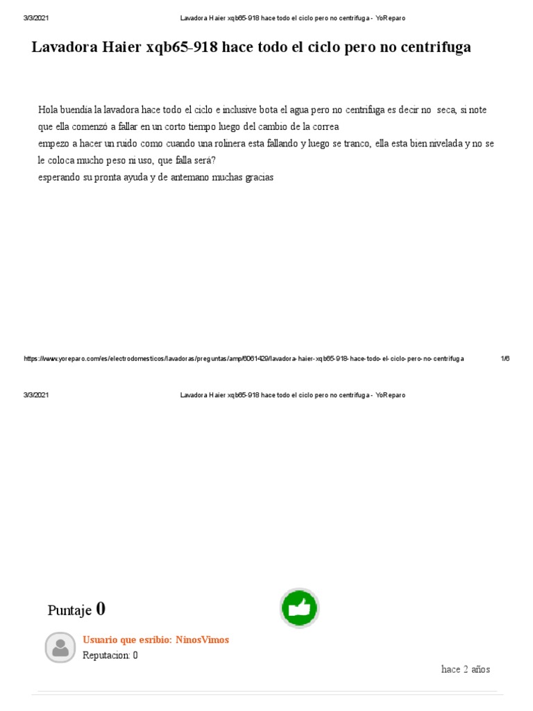 Lavadora Haier xqb65-918 Hace Todo El Ciclo Pero No Centrifuga - YoReparo | PDF | Lavadora ...