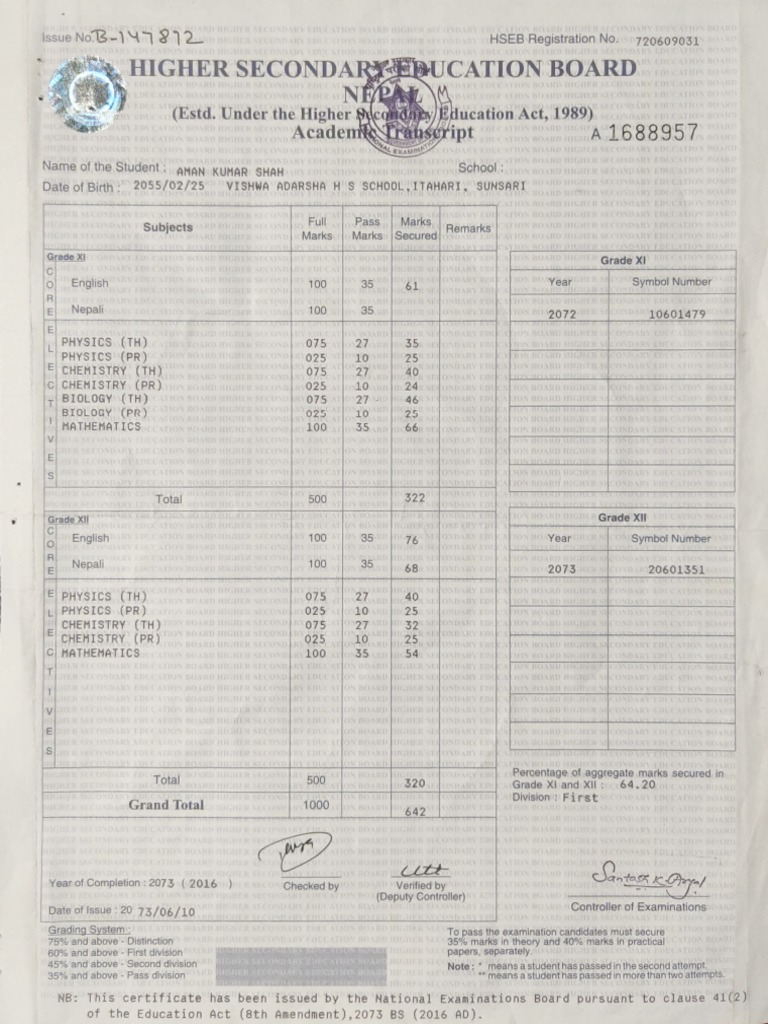 12th Transcript Aman | PDF | Educational Stages | Educational ...