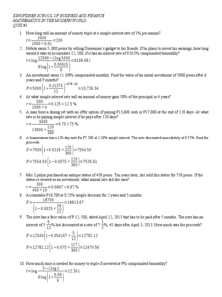 Kingfisher Financial Mathematics Quiz | PDF | Interest | Interest Rates