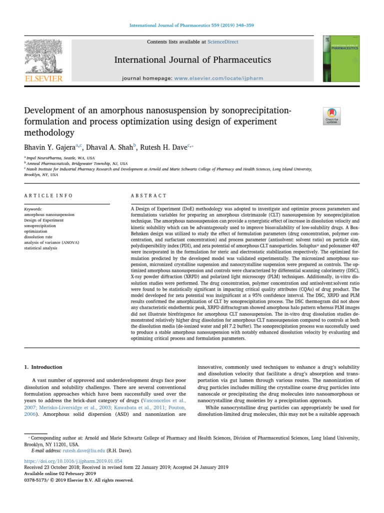 Development Of An Amorphous Nanosuspension By Sonoprecipitation Formulation And Process