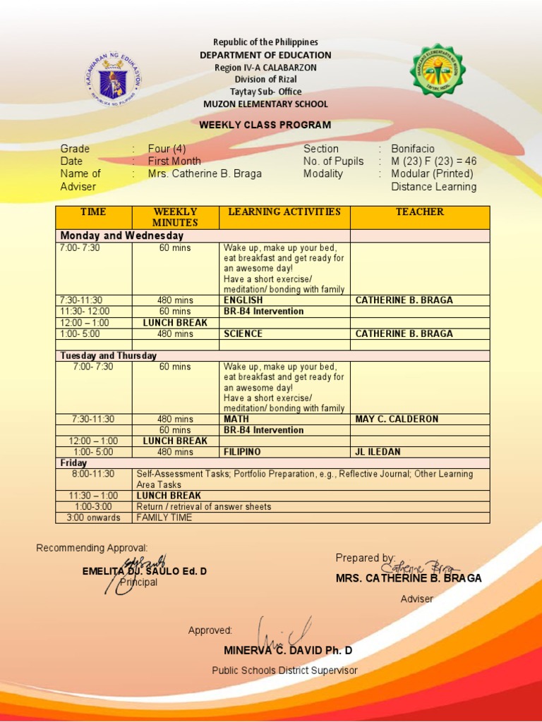 Department of Education: Weekly Class Program Muzon Elementary School ...