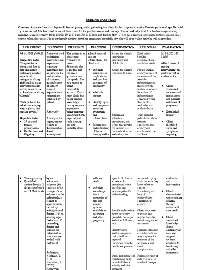 Nursing Care Plan: °C. She Has A Worried Expression, Restless, and Her ...