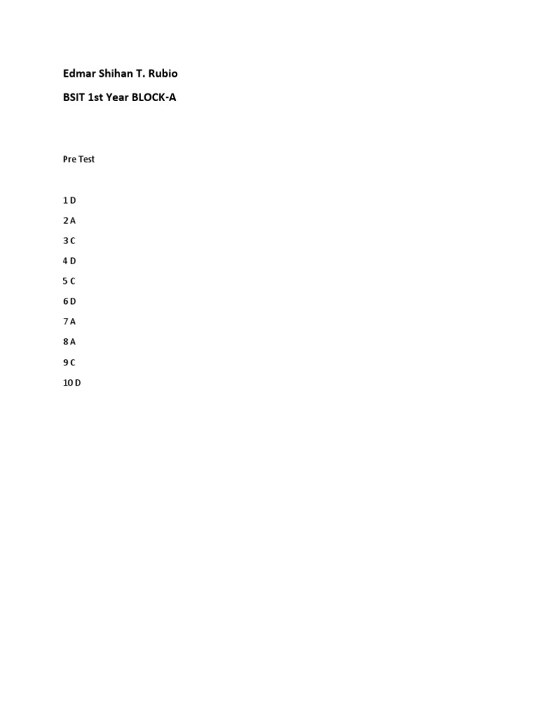 Edmar Shihan T. Rubio BSIT 1st Year BLOCK-A: Pre Test | PDF | Self ...