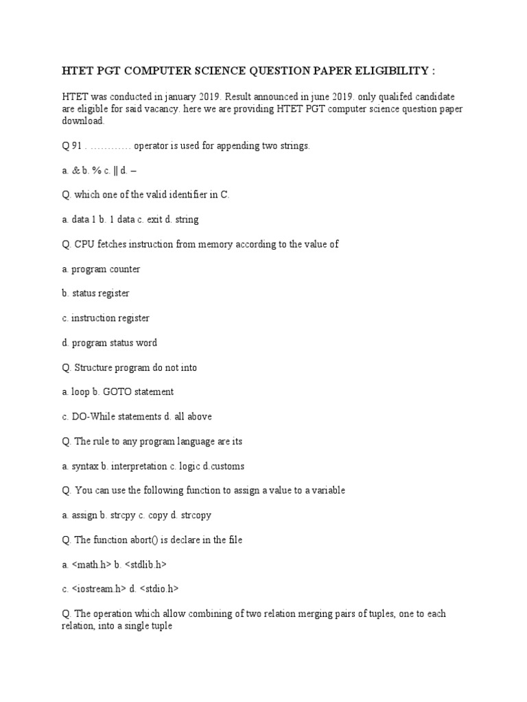 HTET PGT Computer Science 2019 Paper | PDF | Inheritance (Object Oriented Programming) | C ...