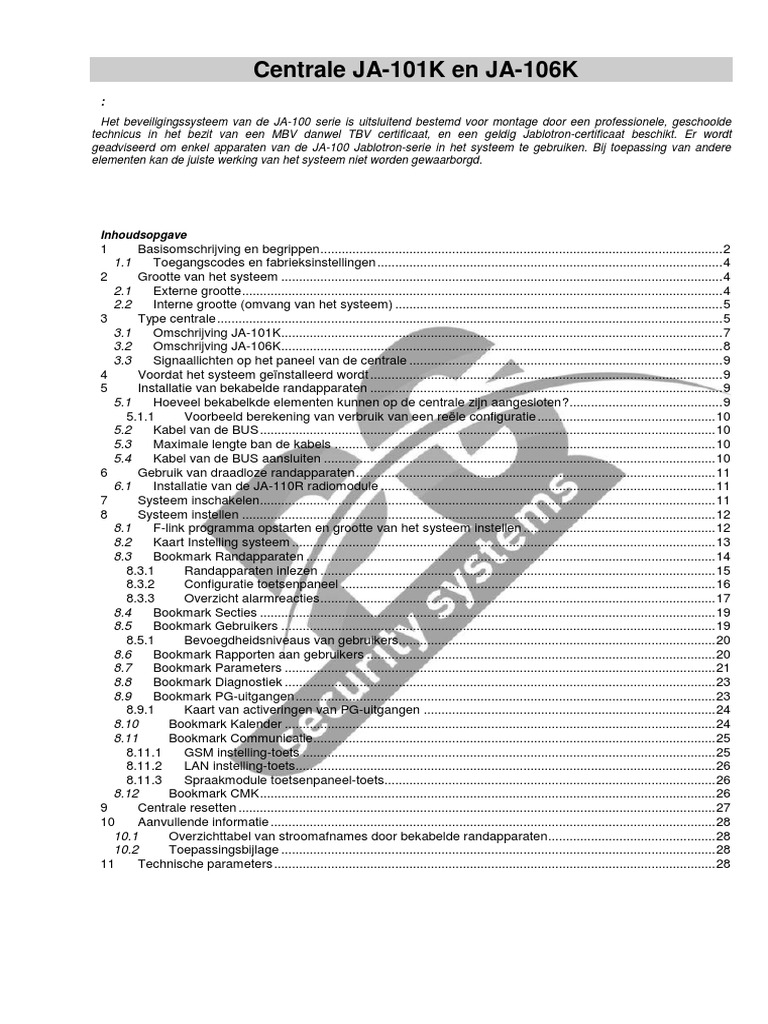 Jablotron JA-100 Installatiehandleiding v1 - NL | PDF