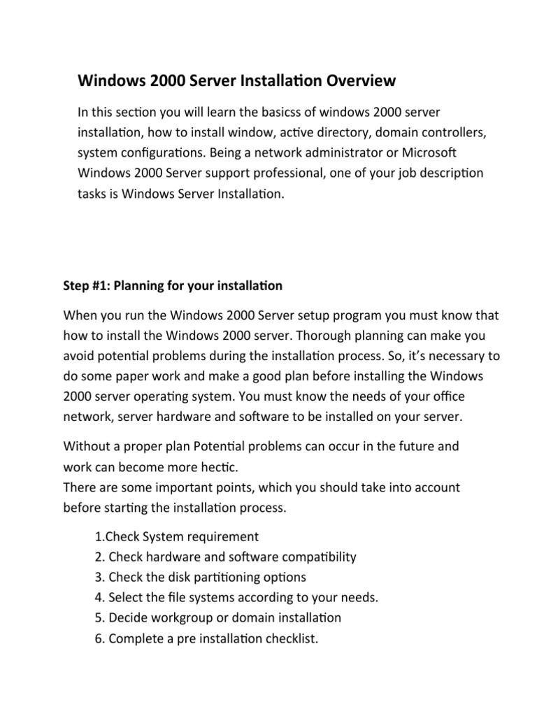 Windows 2000 Server Setup Guide Pdf Computing Platforms Windows 2000
