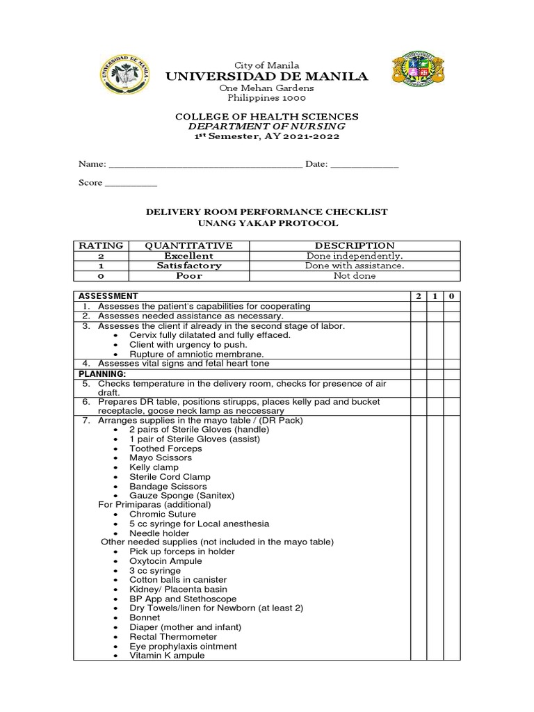 Delivery Room Performance Checklist 6 | PDF | Childbirth | Placenta