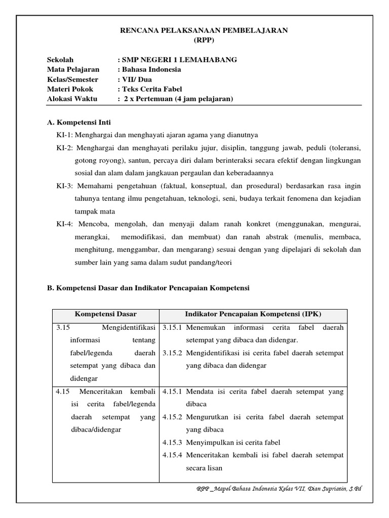 RPP - Mapel Bahasa Indonesia Kelas VII, Dian Supriatin, S.PD | PDF ...