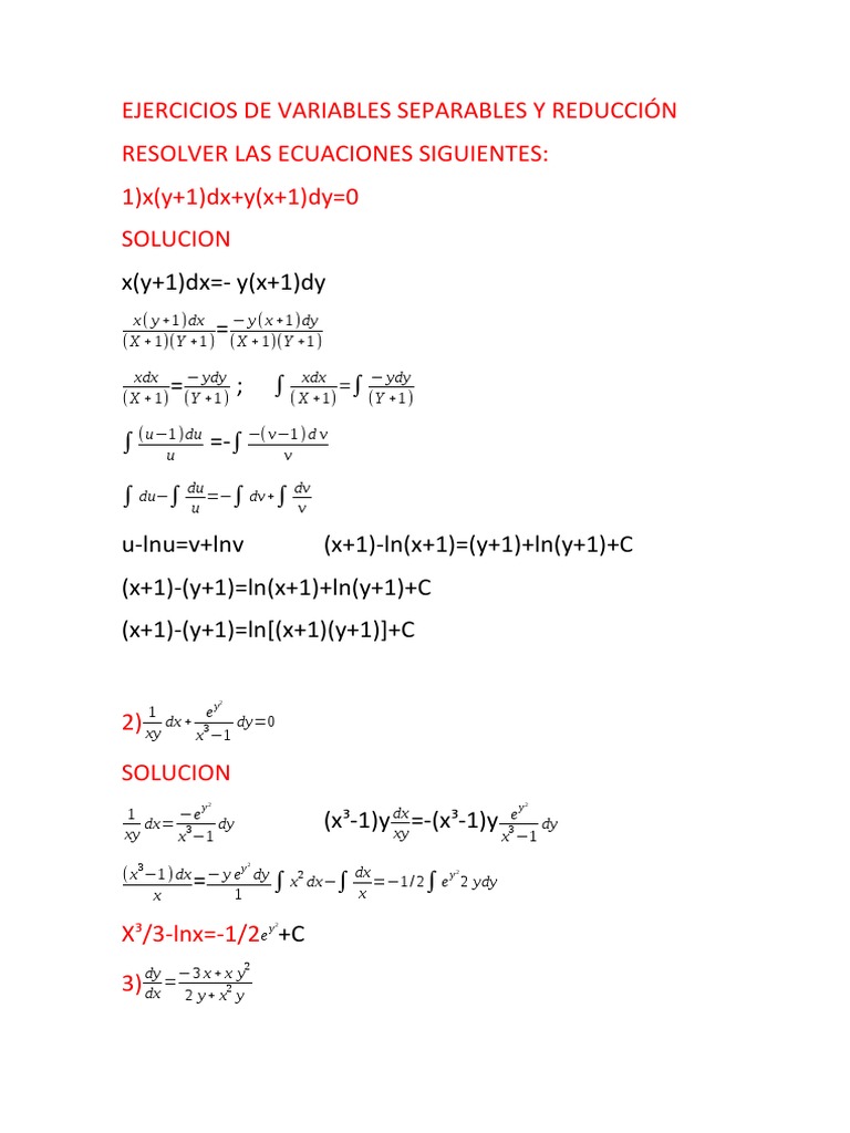 Ejercicios de Variables Separables y Reducción | PDF