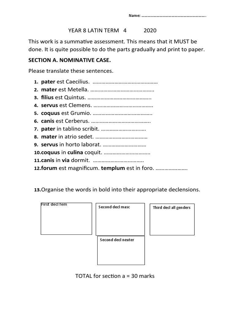 Year 8 Latin Assessment Worksheet | PDF | Grammatical Tense ...