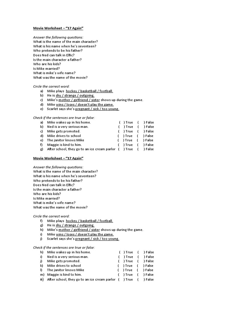 Answer The Following Questions:: Movie Worksheet - "17 Again" | PDF