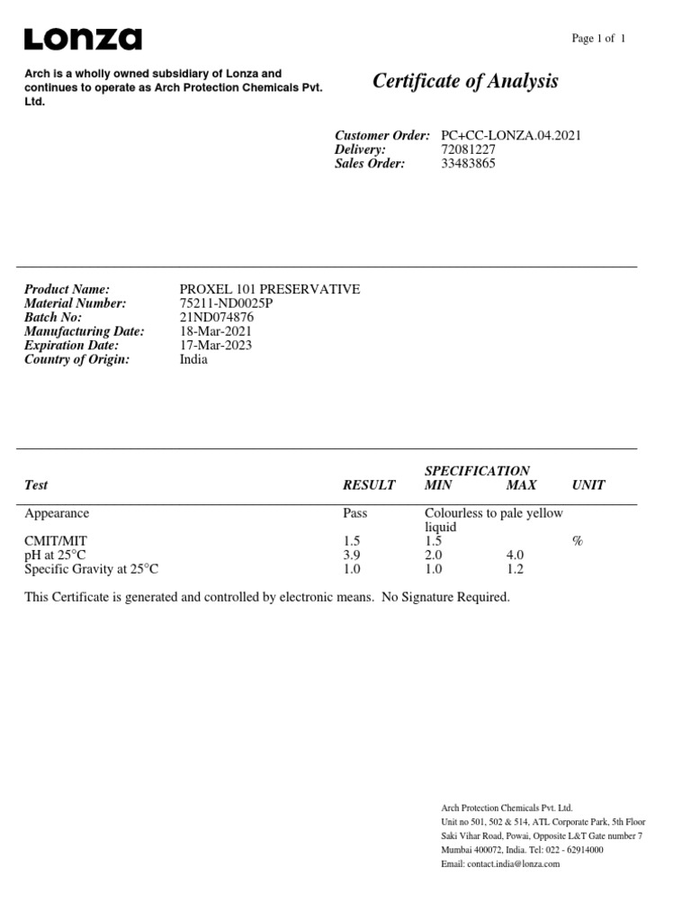 COA - Proxel 101 - 21ND074876 R | PDF