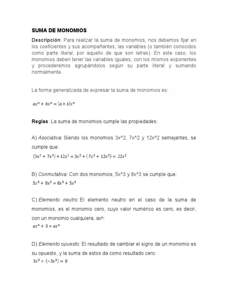 Suma de Monomios | PDF | Sustracción | Álgebra abstracta