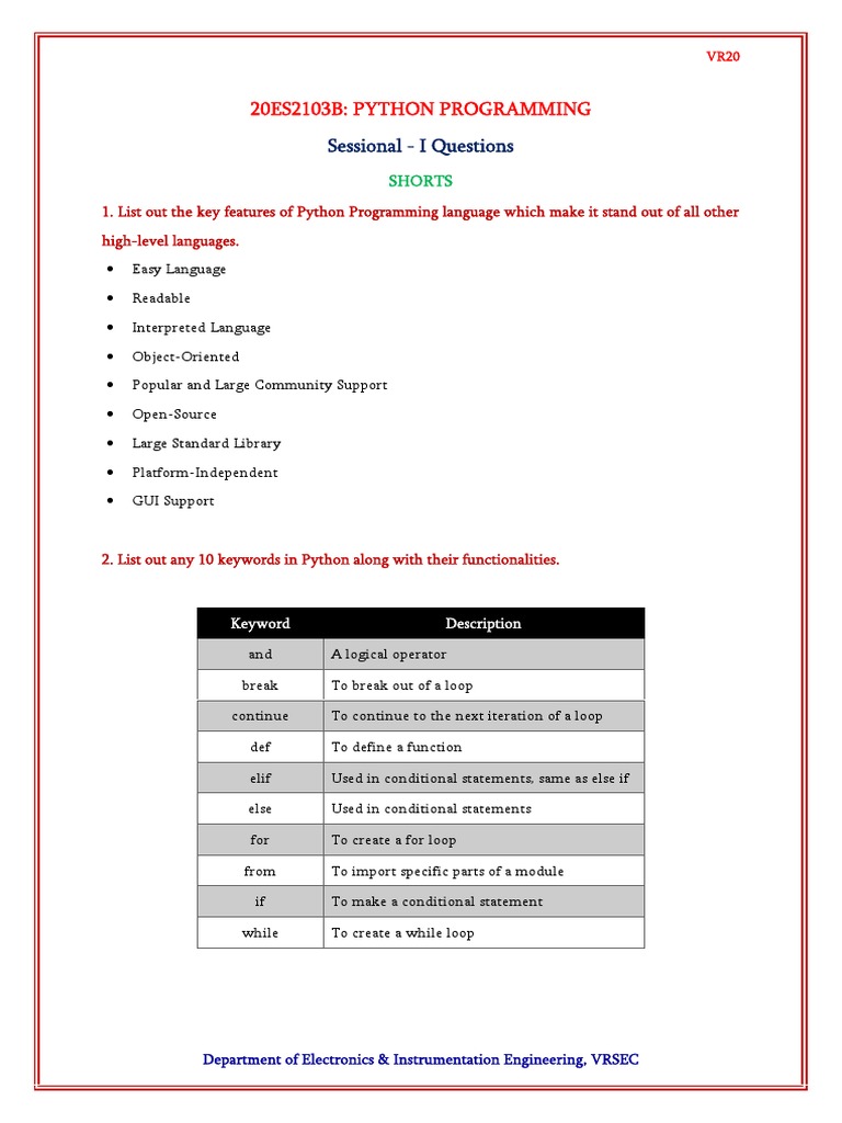 20ES2103B - Python Programming - Answers For Short Questions - UNIT - I ...