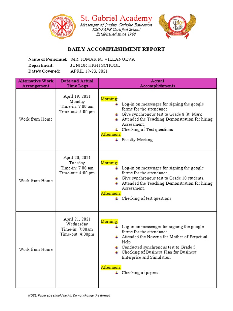 St. Gabriel Academy: Daily Accomplishment Report | Download Free PDF ...
