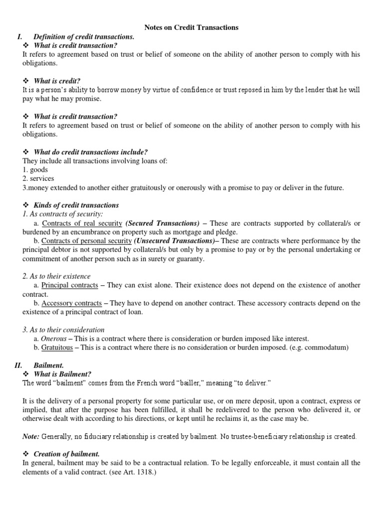 Notes On Credit Transactions | PDF | Finance & Money Management | Credit
