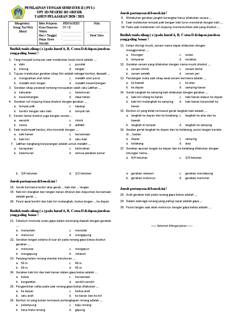 Soal PTS Semester Ii Pjok Kelas 4-6 | PDF