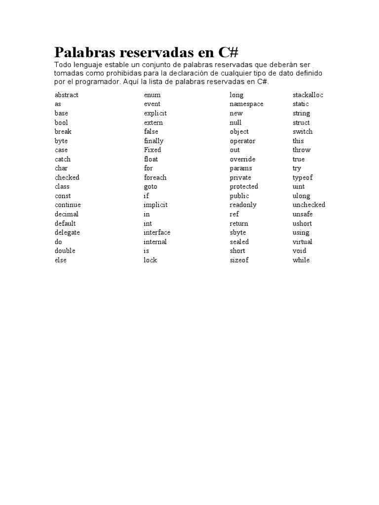 Palabras Reservadas en | PDF | C Sharp (lenguaje de programación ...