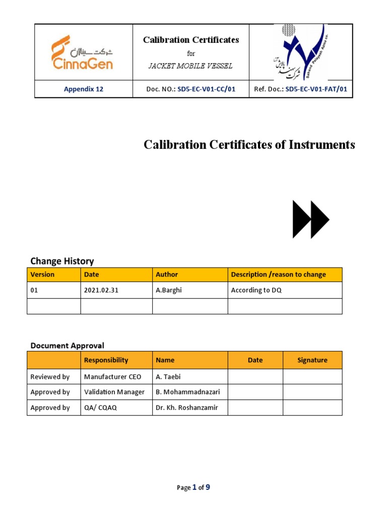 Calibration Certificates of Instruments | PDF | Calibration | Data ...