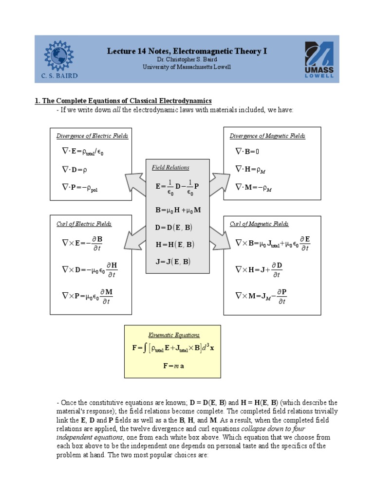 Lecture 14 Notes, Electromagnetic Theory I: 1. The Complete Equations ...