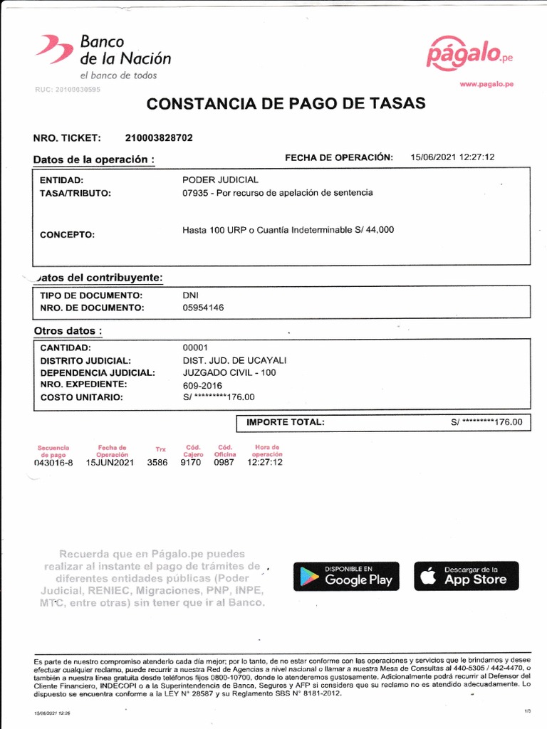 Constancia de pago de tasas judiciales por un proceso civil en el distrito judicial de Ucayali | PDF