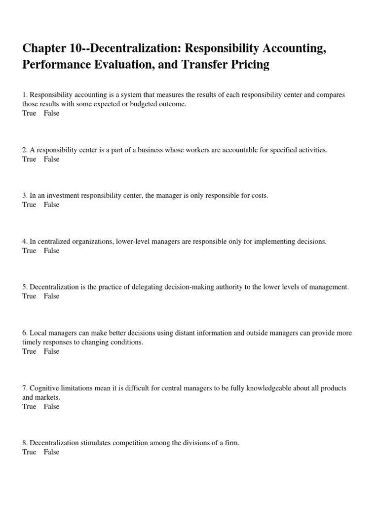 Chapter 10 Decentralization: Responsibility Accounting, Performance ...