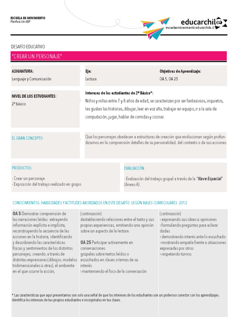 Creación de Personajes en 2º Básico | PDF | Aprendizaje | Evaluación
