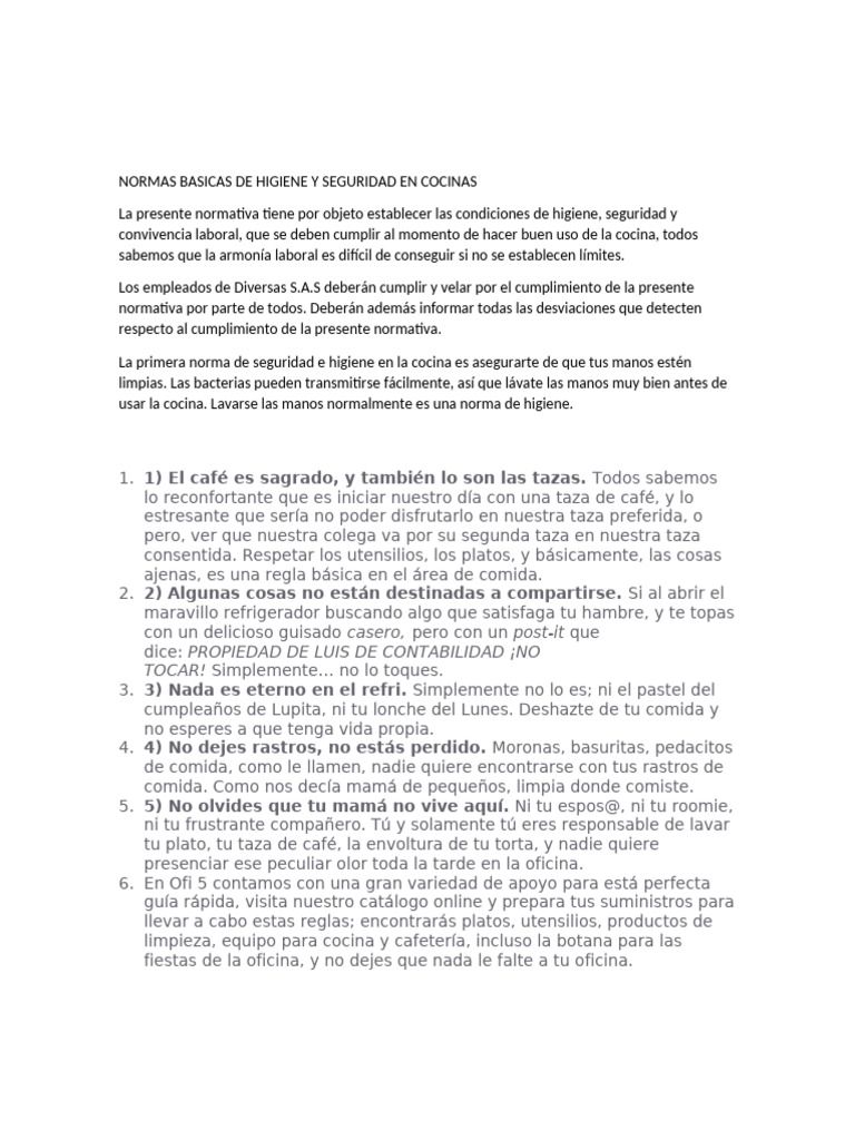 Normas de Higiene y Seguridad en Cocina | PDF | Higiene | Cocina