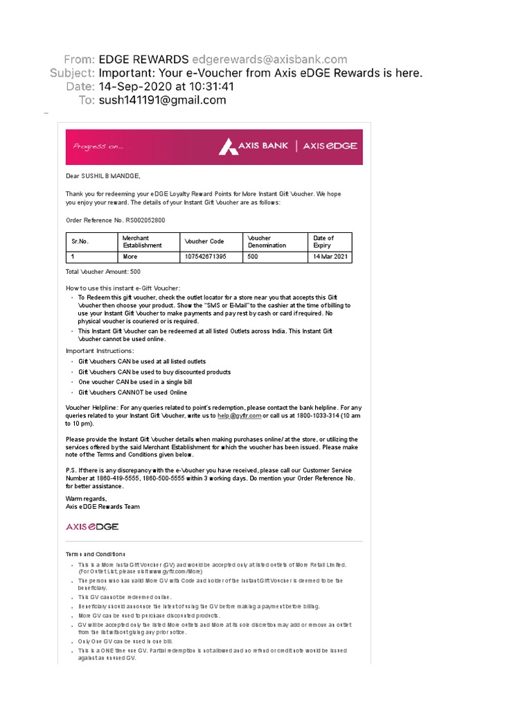 Important Your E-Voucher From Axis eDGE Rewards Is Here | PDF | Gift ...