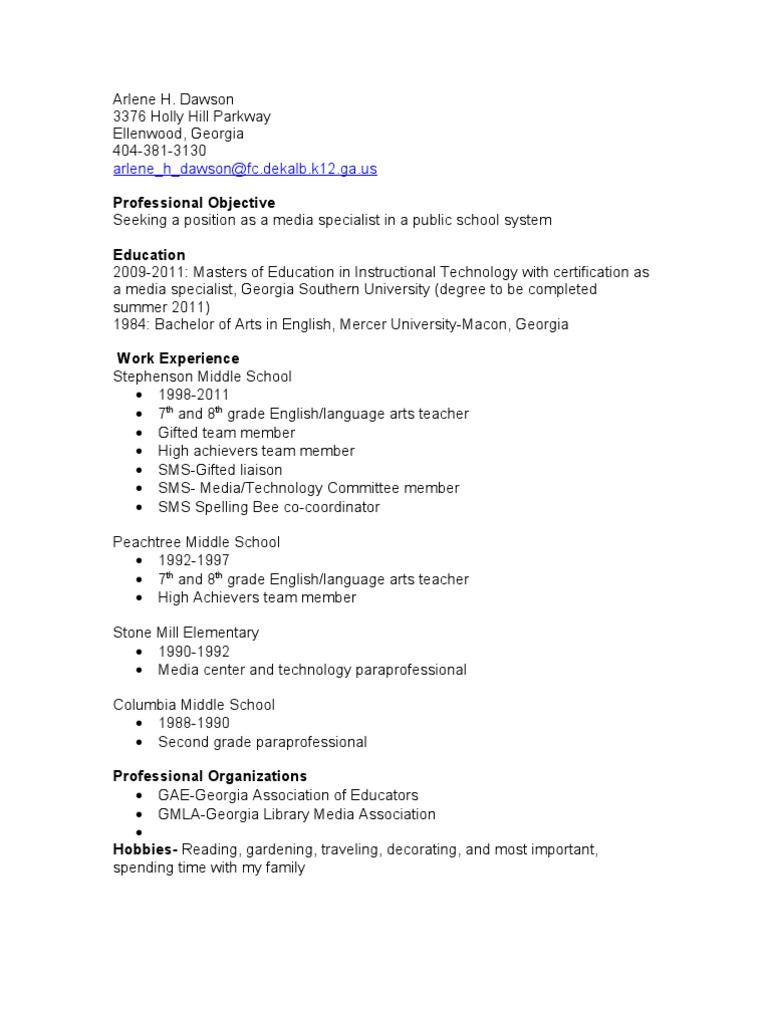 Resume Arlene Dawson | PDF | Language Arts & Discipline